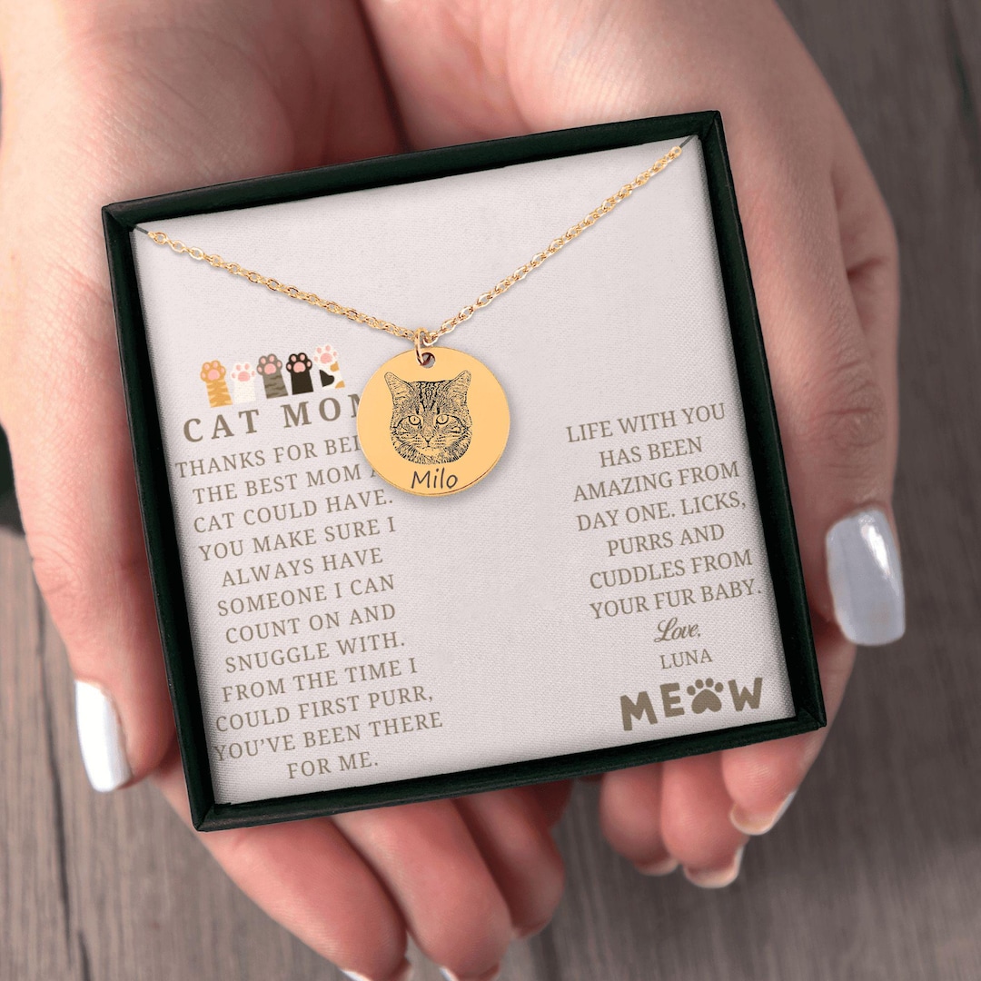 Pet Memorial Necklace Engraved Cat Portrait Necklace Cat Memorial ...