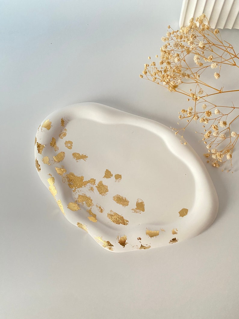 Set of White Concrete With Gold Leaf Decorative Trays, Concrete Dish ...