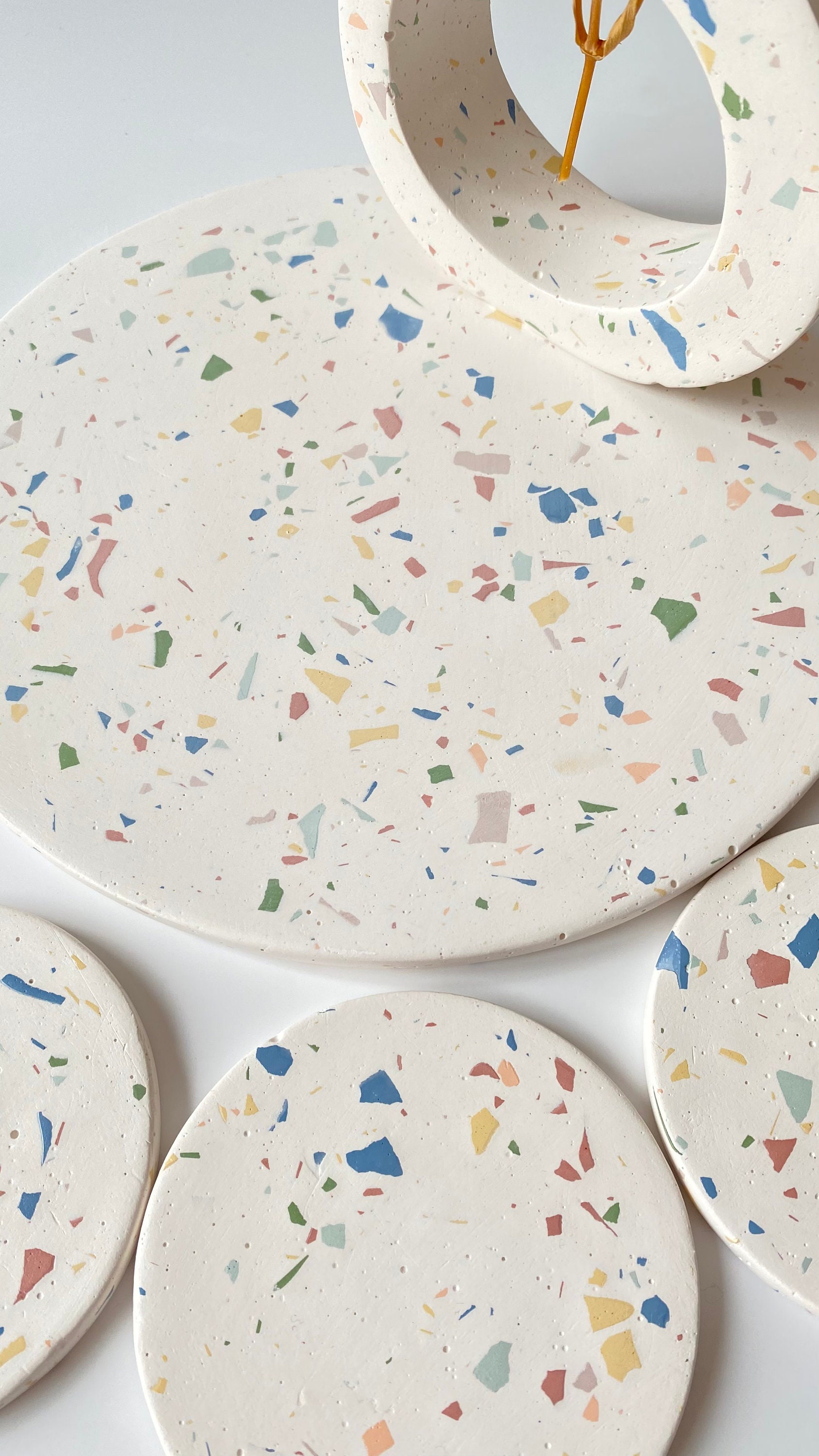 Terrazzo Oval Tray, 4 Set of Coasters, Round Terrazzo Plate, Terrrazzo Vase, Terrazzo Bowl ...