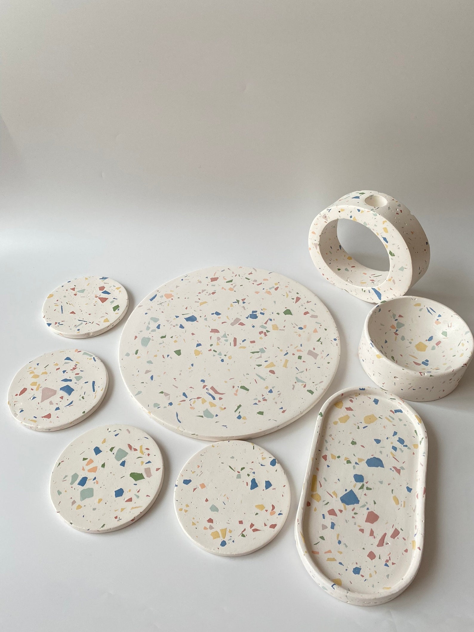 Terrazzo Oval Tray, 4 Set of Coasters, Round Terrazzo Plate, Terrrazzo Vase, Terrazzo Bowl ...