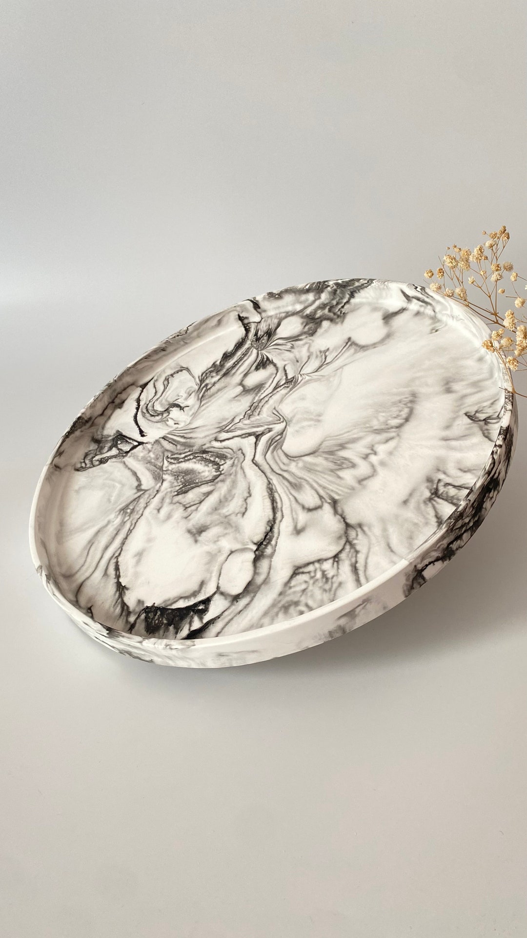 Large Round White-black Marble Concrete Tray, Large Catch All Tray ...