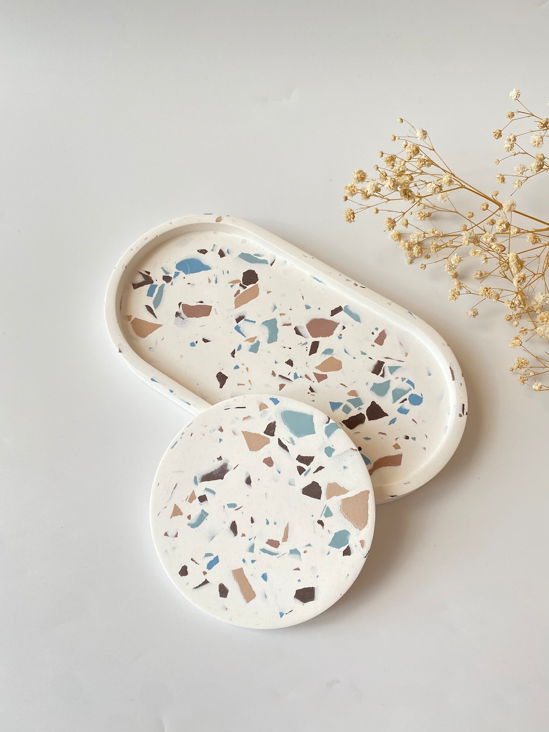 Set of Terrazzo Oval Tray and Coaster, Terrazzo Trinket Tray, Vanity ...