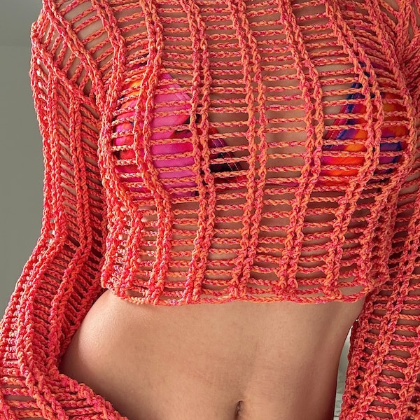 Crochet Cropped Long Sleeve Shrug Pattern I Crochet Mesh Sweater Top Pattern I Multi Stitch ...