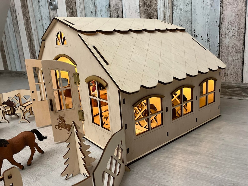 Wooden Horse Stable With 6 Stalls 41 PARTS Lighting - Etsy
