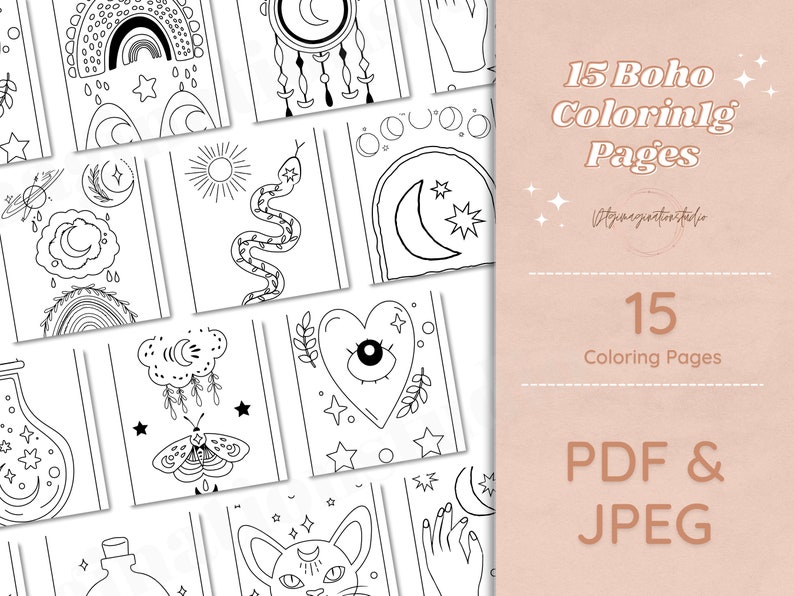 15 Magical Boho Coloring Pages | Minimalist | Adult Coloring | Digital ...