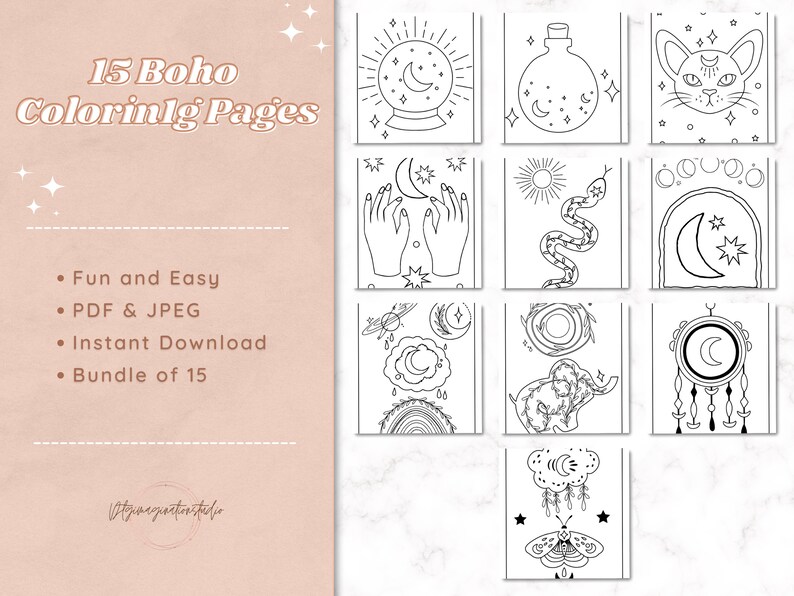 15 Magical Boho Coloring Pages | Minimalist | Adult Coloring | Digital ...