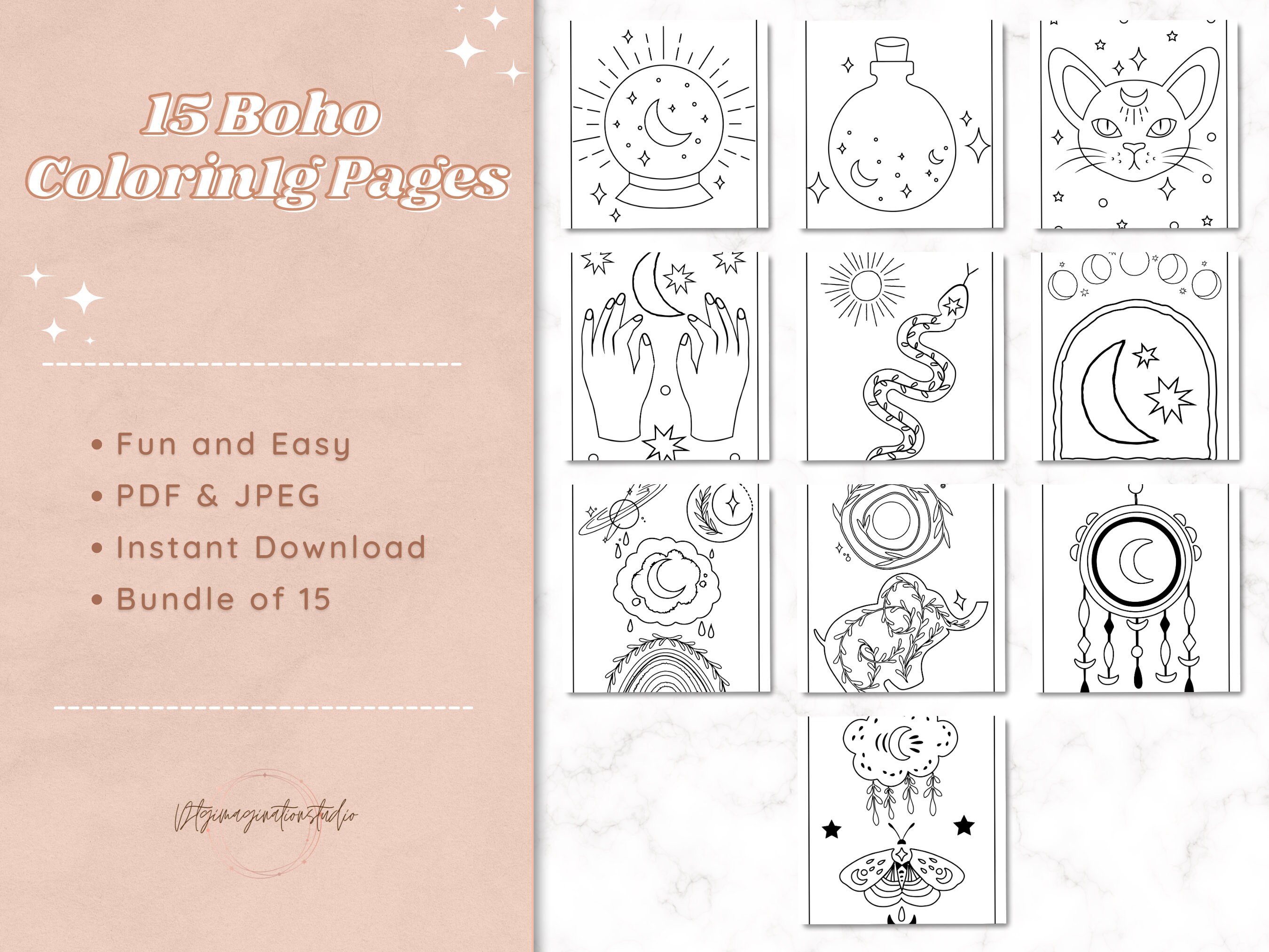 15 Magical Boho Coloring Pages | Minimalist | Adult Coloring | Digital ...