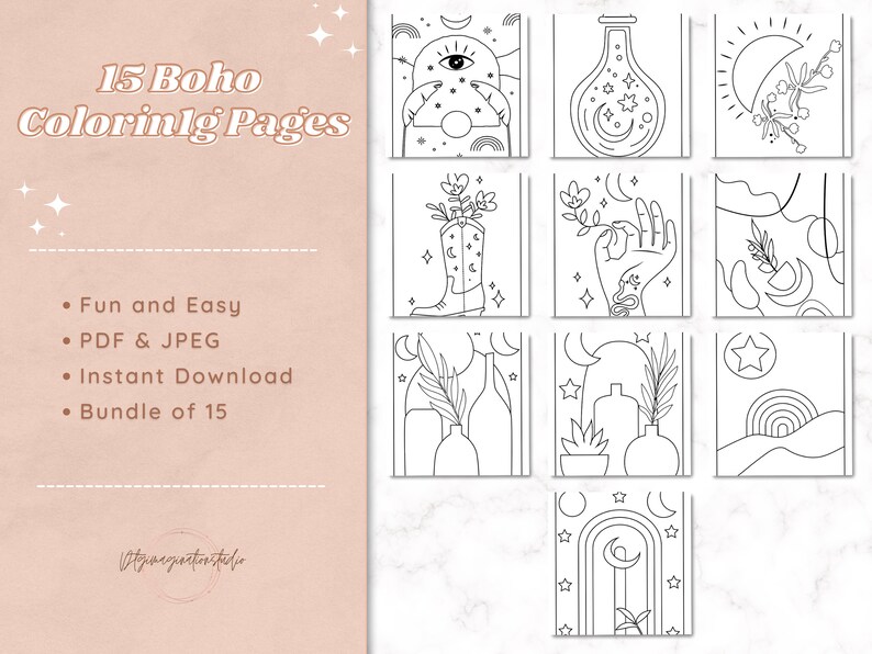 15 Boho Coloring Pages | Minimalist | Adult Coloring | Digital Download ...