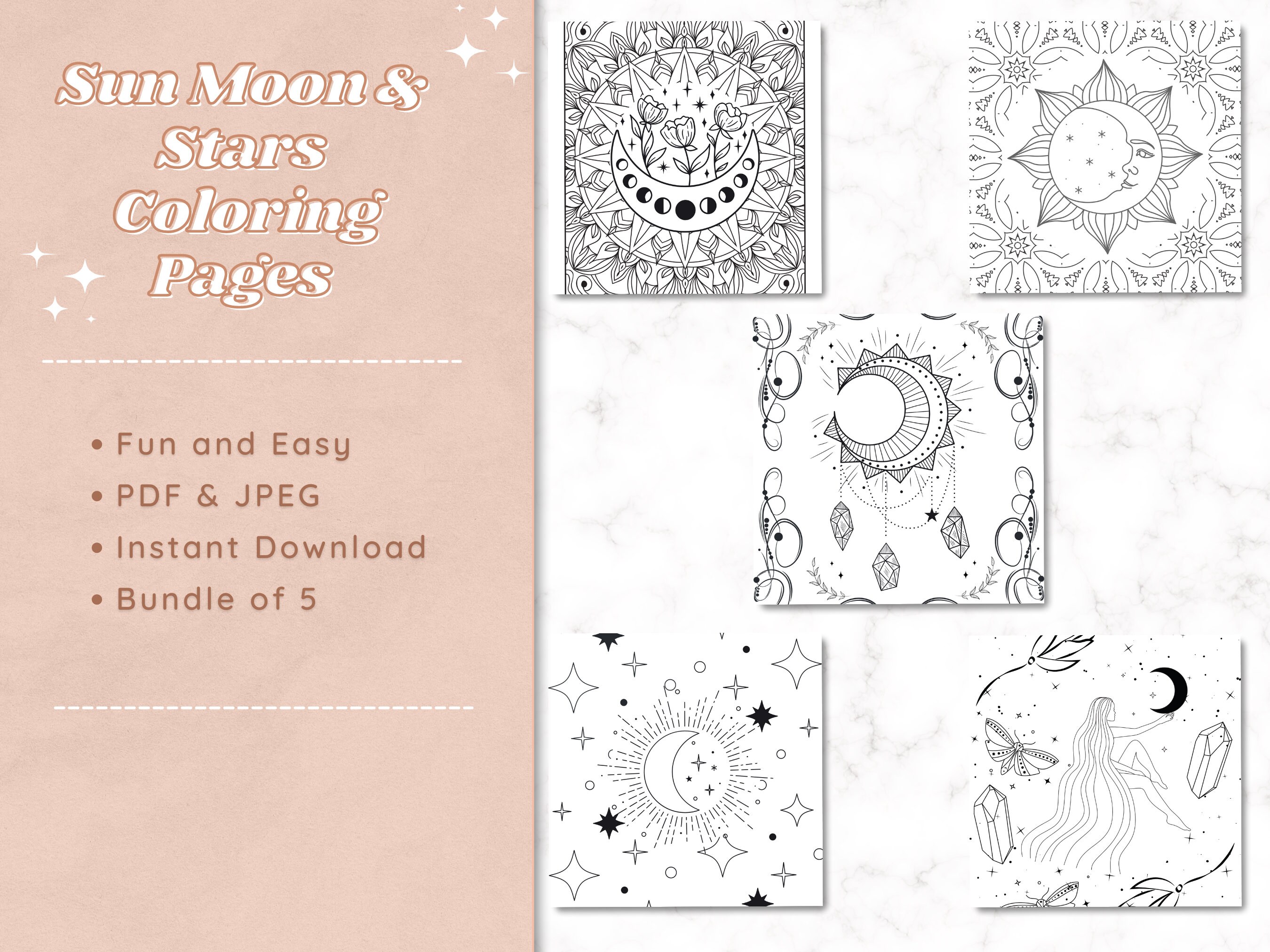 Sun, Moon, and Stars Coloring Page Celestial Coloring Page Adult ...