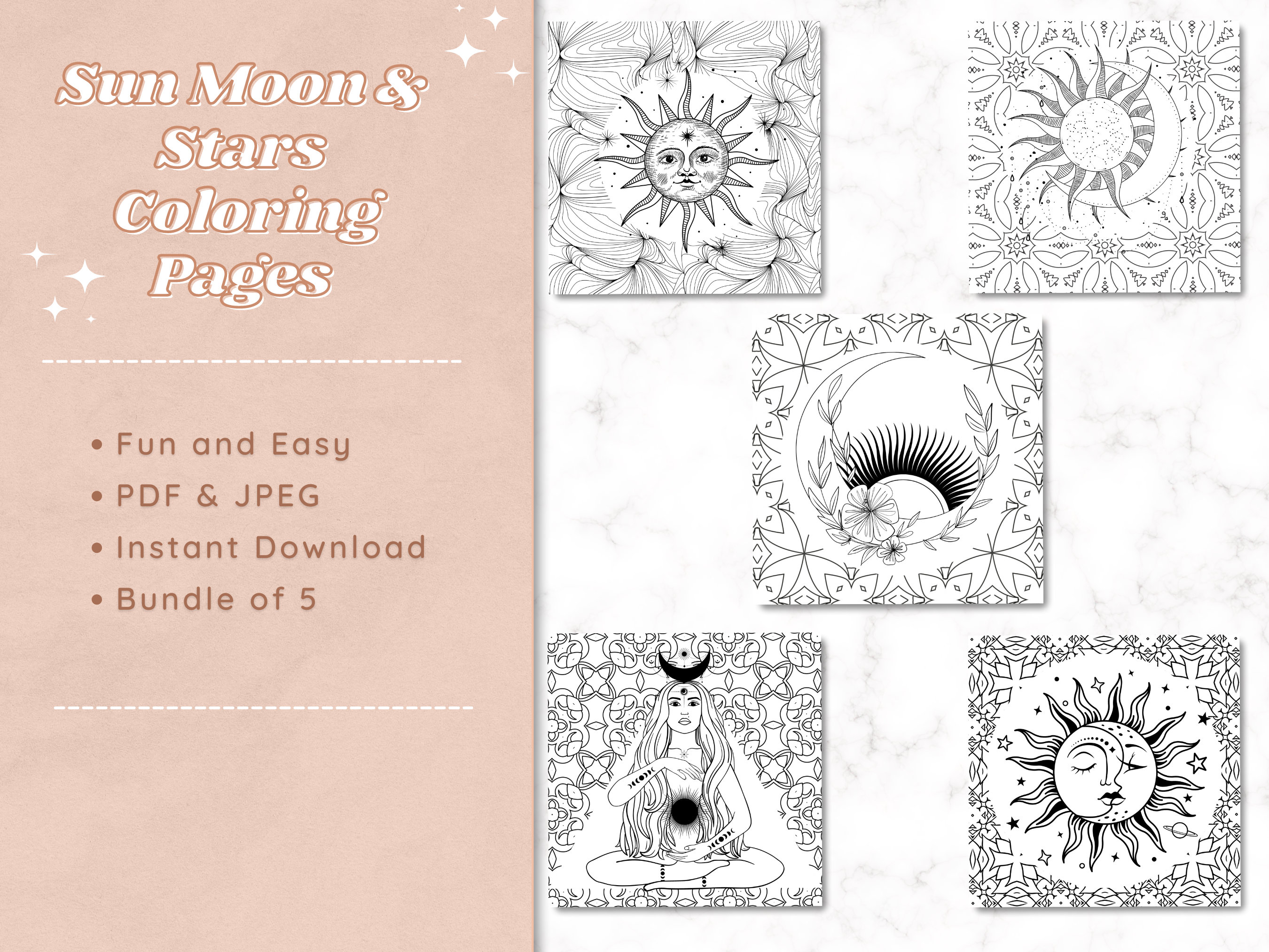 Sun, Moon, and Stars Coloring Page Celestial Coloring Page Adult ...