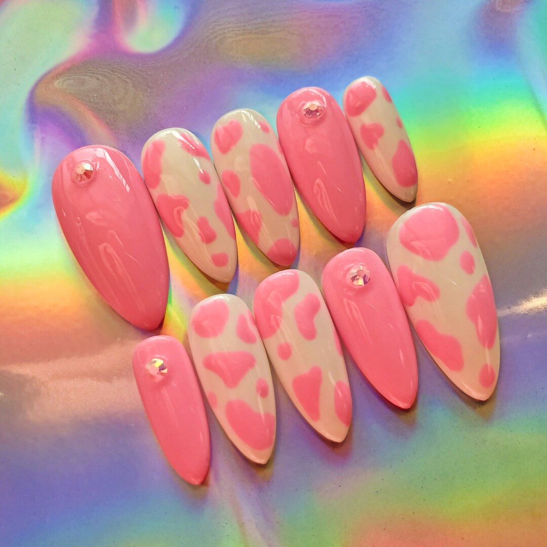 STRAWBERRY MOO | Pink Cow Print Press on Gel Nails | Includes ...