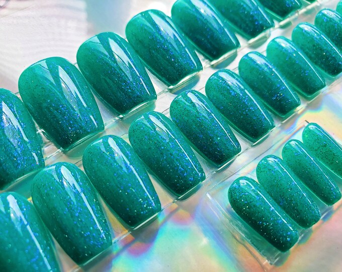 OASIS | 20+ Piece (FULL SET) Press on Gel Nails | Teal Flash Glitter ...