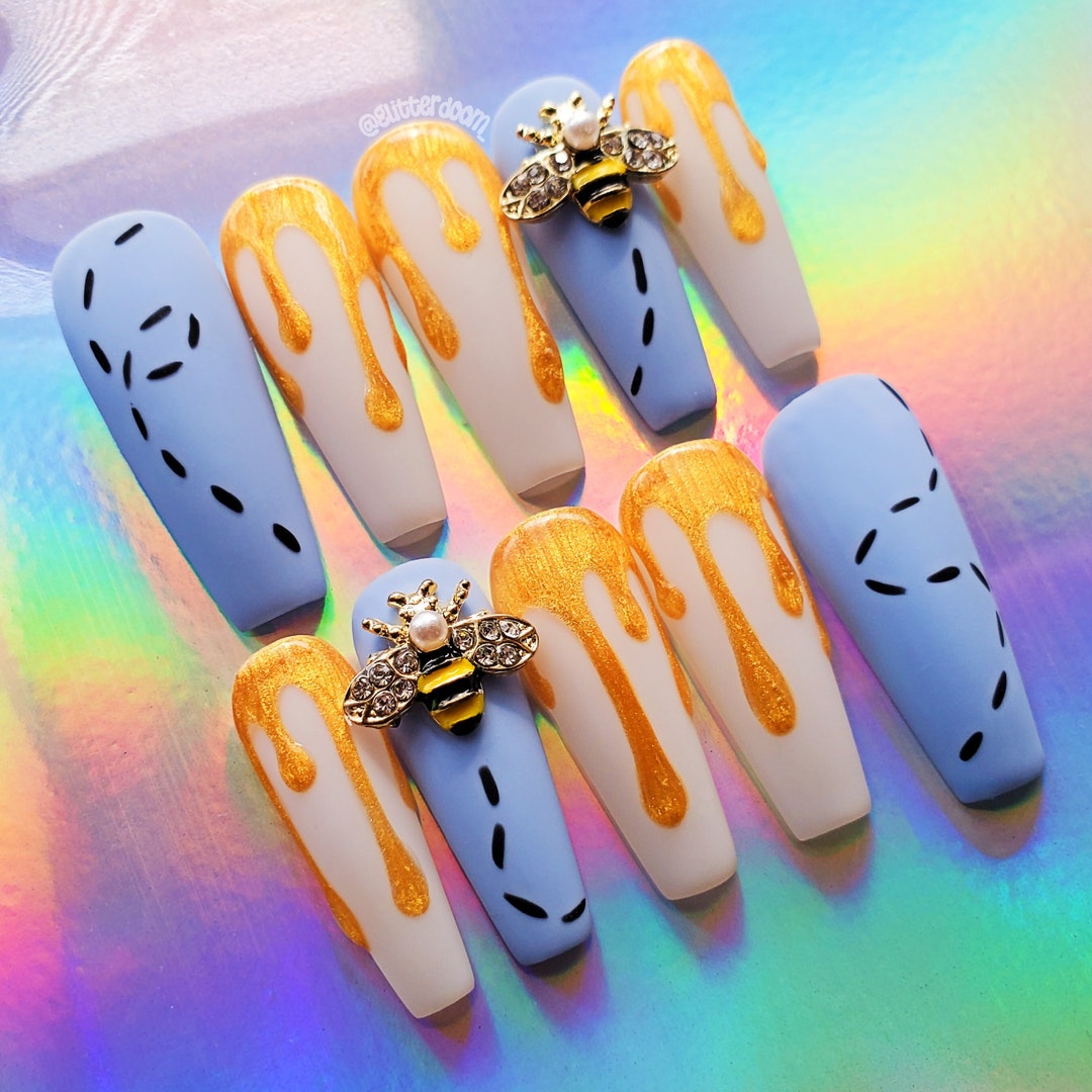 HONEY | Bee and 3D Honey Drip Press on Gel Nails | Includes Application ...