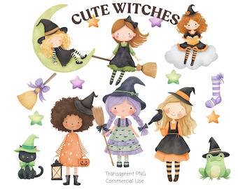 Cute Witches Halloween Watercolor Clipart Set, Commercial Use Instant ...