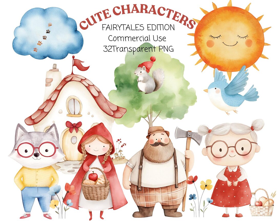 Watercolor Fairy Tale Clipart: Red Riding Hood, Forest Animals (PNG) - Etsy