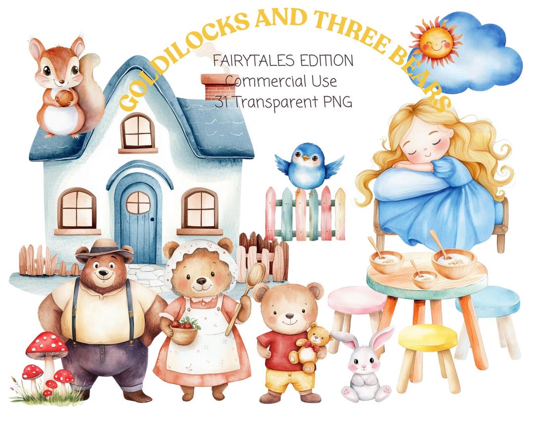 Goldilocks and Three Bears Clipart: Watercolor Forest Animals (PNG) - Etsy