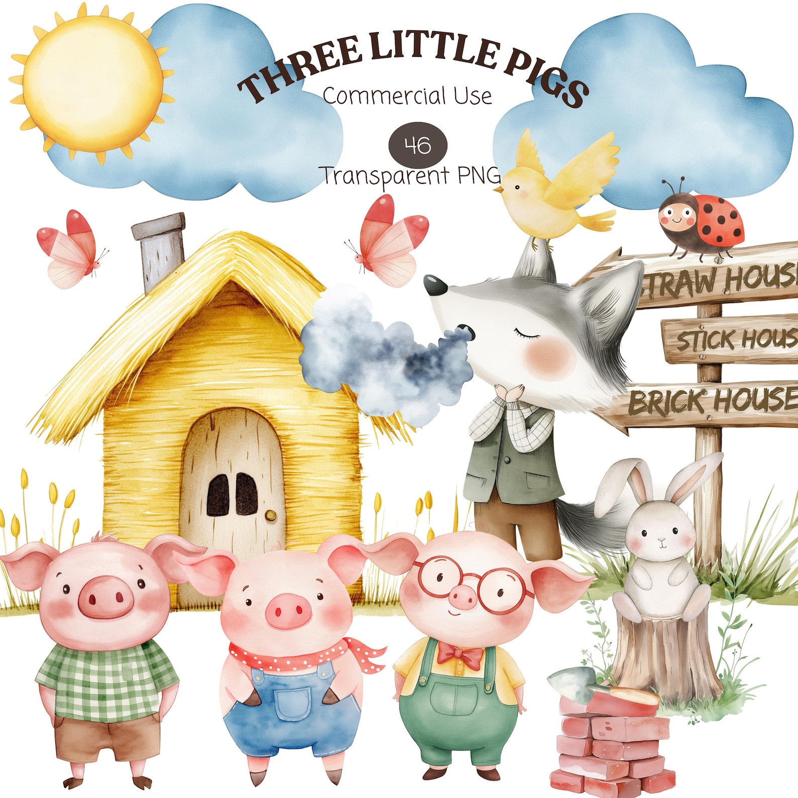 Three Little Pigs Clipart Bundle: Fairy Tale Nursery Art (PNG, PDF ...