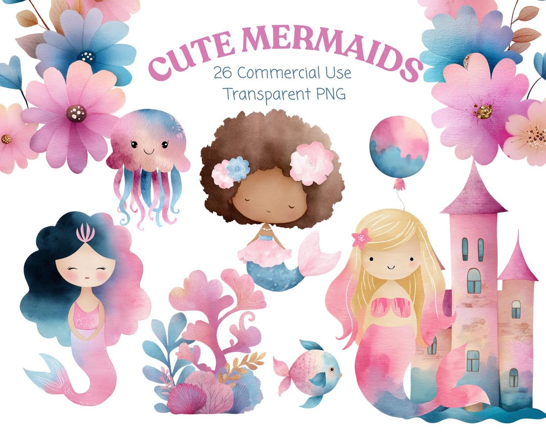 Cute Mermaid Clipart | Watercolor Mermaid | Under the Sea | Little ...
