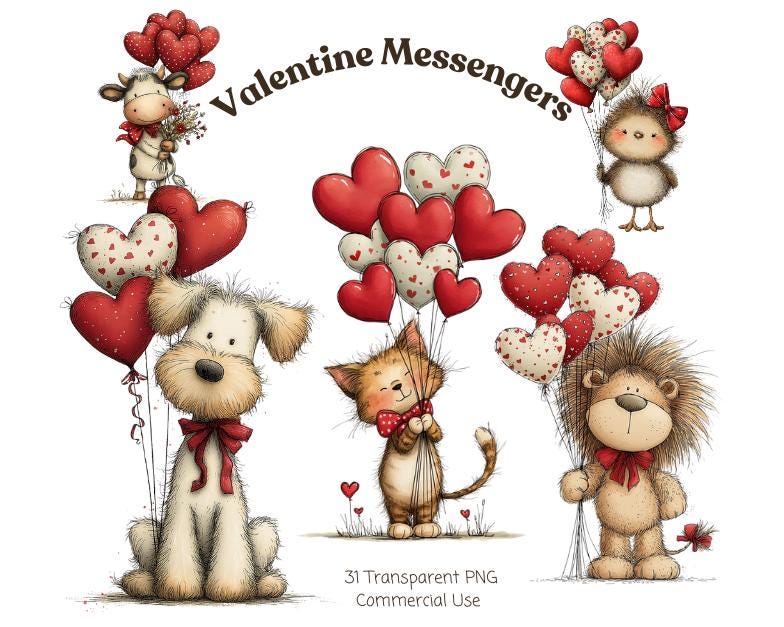 Animals Valentine Day Messengers Clipart: Whimsical Graphics (digital ...