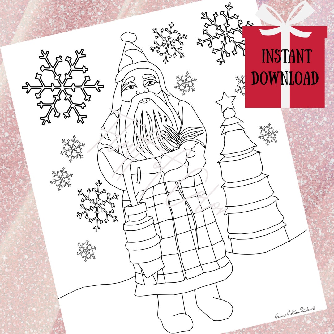Santa in Patchwork Coat PDF Printable Coloring Page for Adults Instant ...