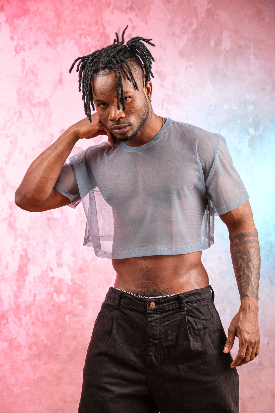 Unisex Crop Top Blue Tulle Crop T Shirt Sheer Mesh Tank Manwomen Crop Sexy Partydj Disco