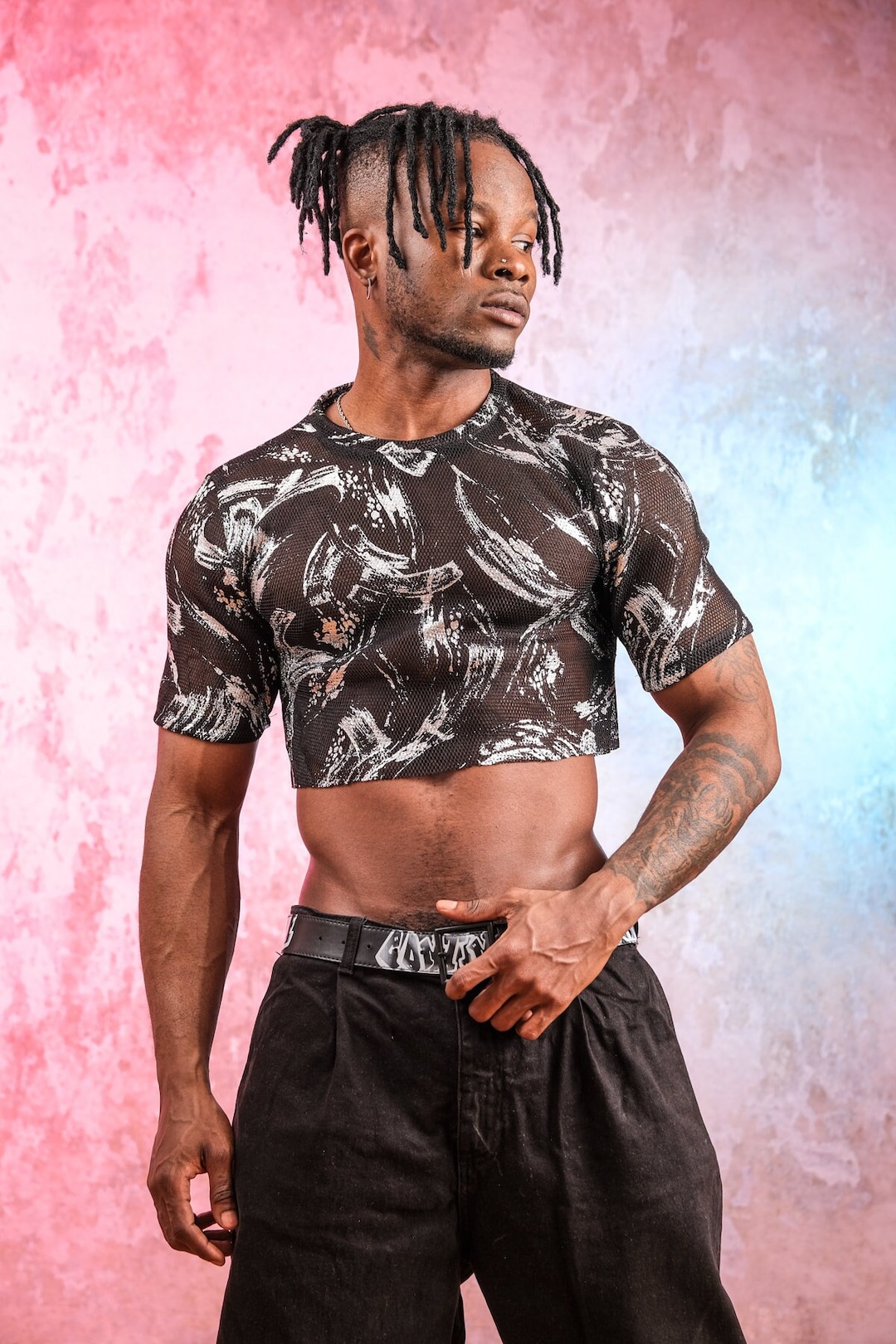 Unisex Crop Top Black Crop T Shirt Sheer Mesh Tank Crop Body Jewelry Sexy Partydj Disco