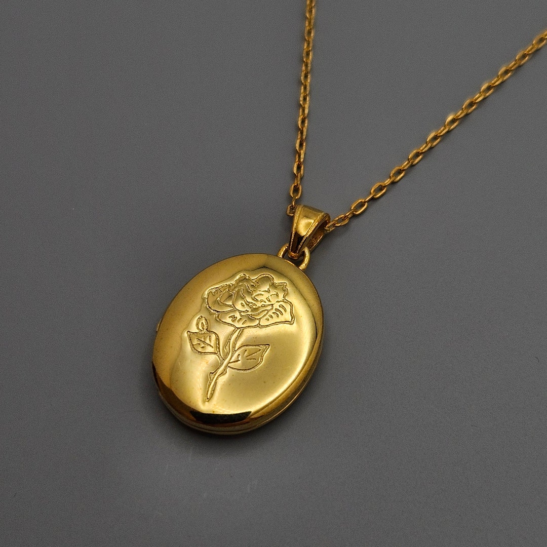 Rose Locket Necklace 18K Gold Plated Necklace Oval Shaped Necklace Mini ...