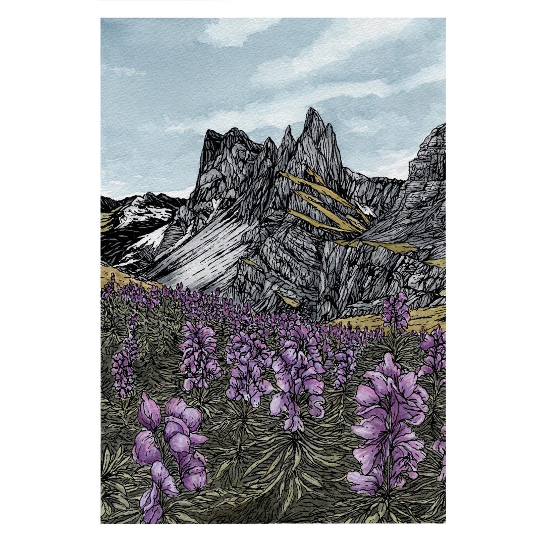 Alpine Flower Field Mountain Print, Mountain Wall Art, Watercolour ...