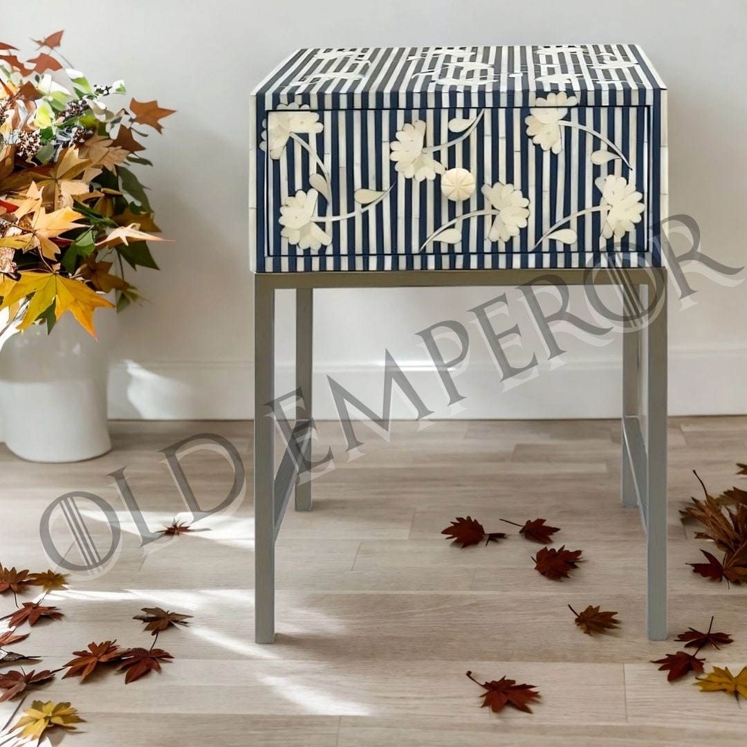 Bone Inlay Flower Design Bedside Table Grey Bone Inlay Flower - Etsy