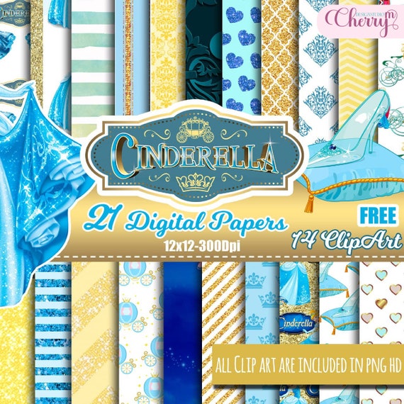 Cinderella Princess Digital Paper Gold Yellow and Blue | Etsy