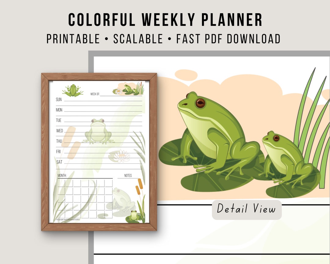 Printable Frog Calendar. Perpetual Weekly and Monthly Notes. Bright ...