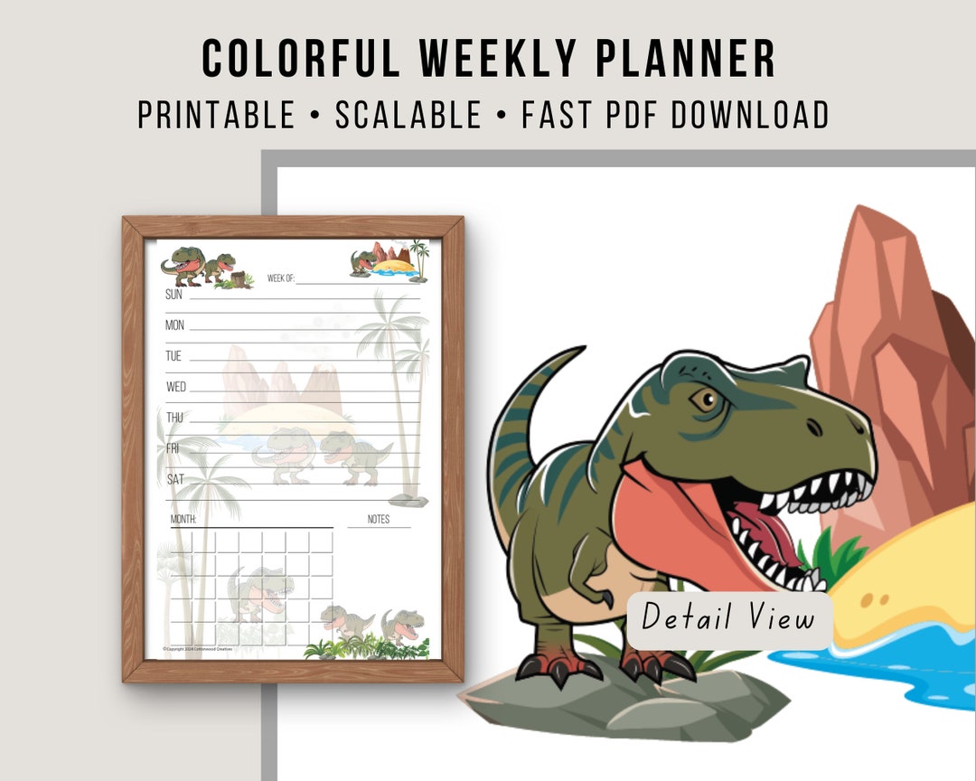 Printable T-rex Calendar. Perpetual Weekly and Monthly Notes. Bright ...