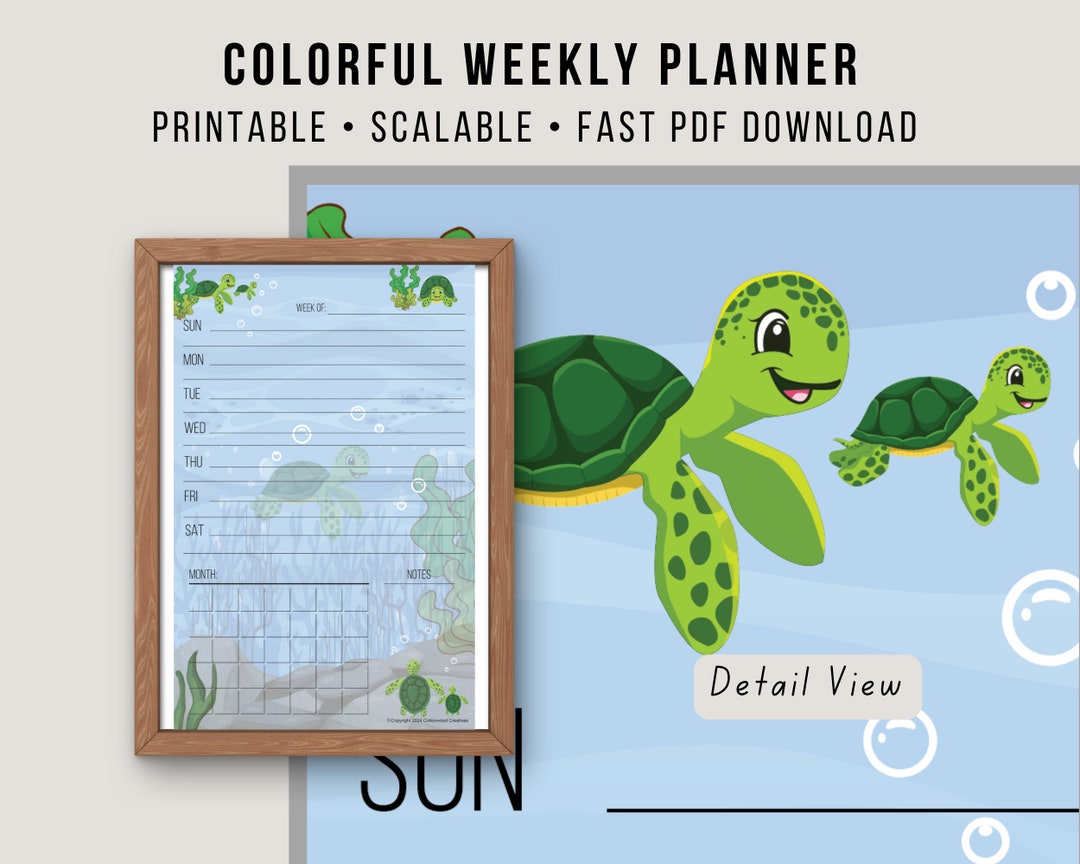 Printable Turtle Calendar. Perpetual Weekly and Monthly Notes. Bright ...