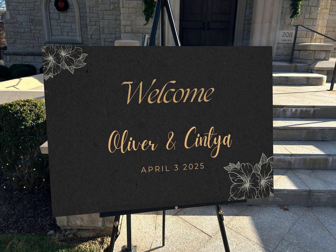 Wedding Welcome Sign, Floral Modern Gold & Black, Personalized Custom ...