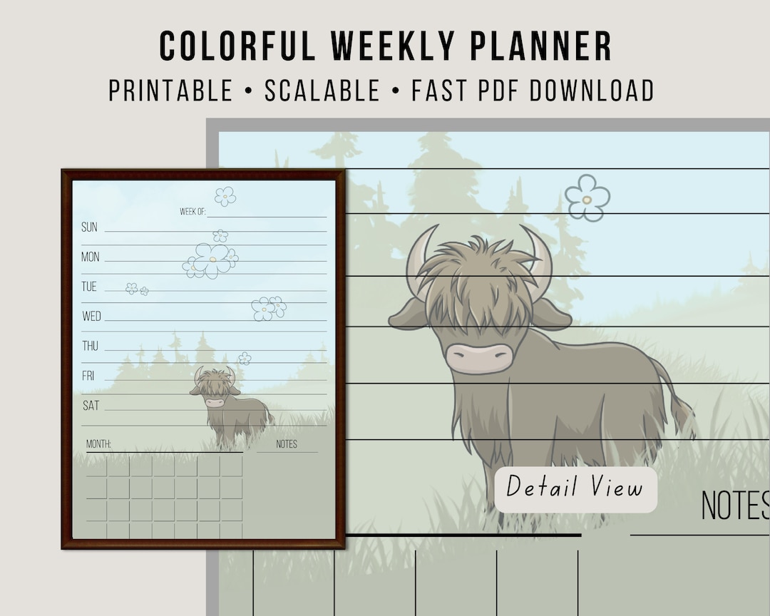 Printable Highland Cow Calendar. Perpetual Weekly and Monthly Notes ...