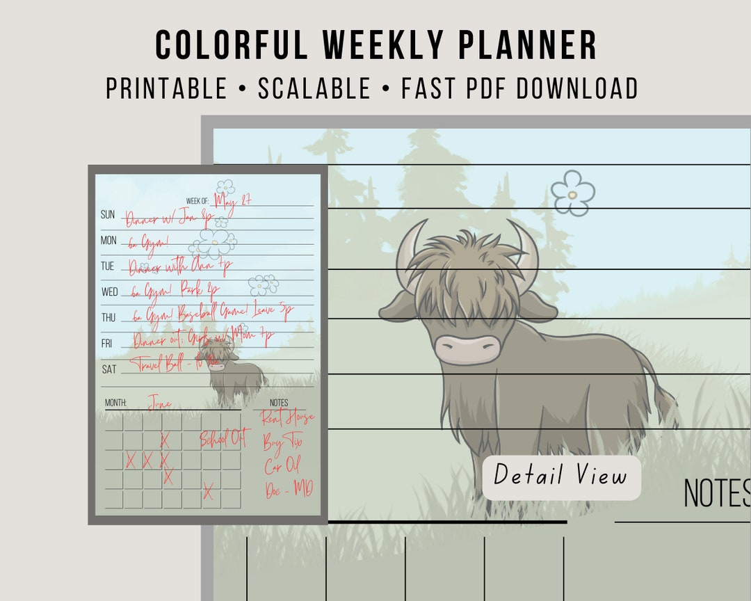 Printable Highland Cow Calendar. Perpetual Weekly and Monthly Notes ...