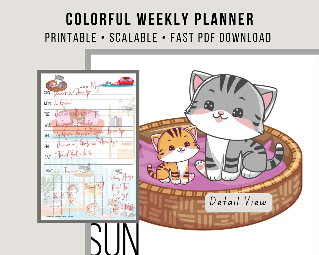 Printable Kittens Calendar. Perpetual Weekly and Monthly Notes. Bright ...