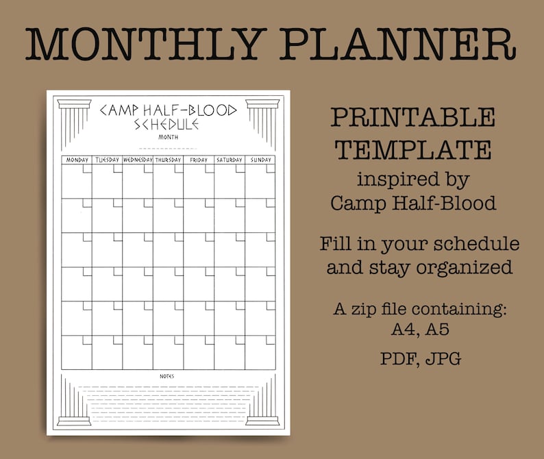 Monthly Camp Half-blood Printable Planner | Schedule | Rick Riordan ...