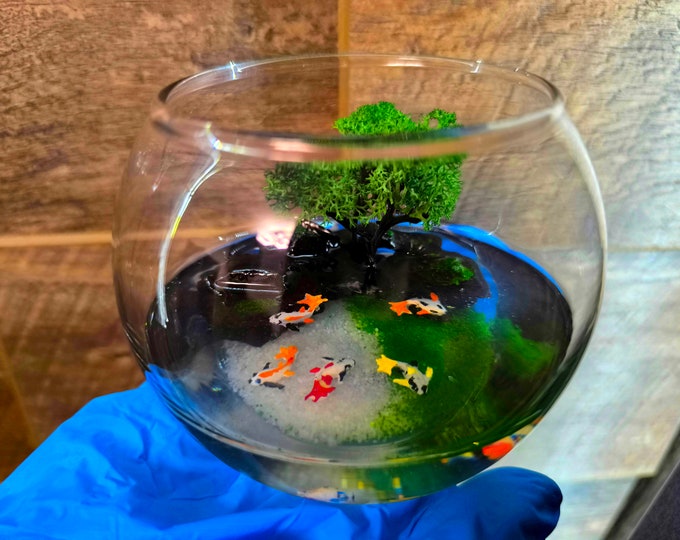 Miniature Koi Fish Aquarium, Koi Fish Resin Garden Pond, Glass Sphere ...