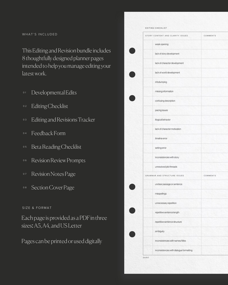Novel Writing Editing Checklist Planner for Author Planner Plot a Novel ...
