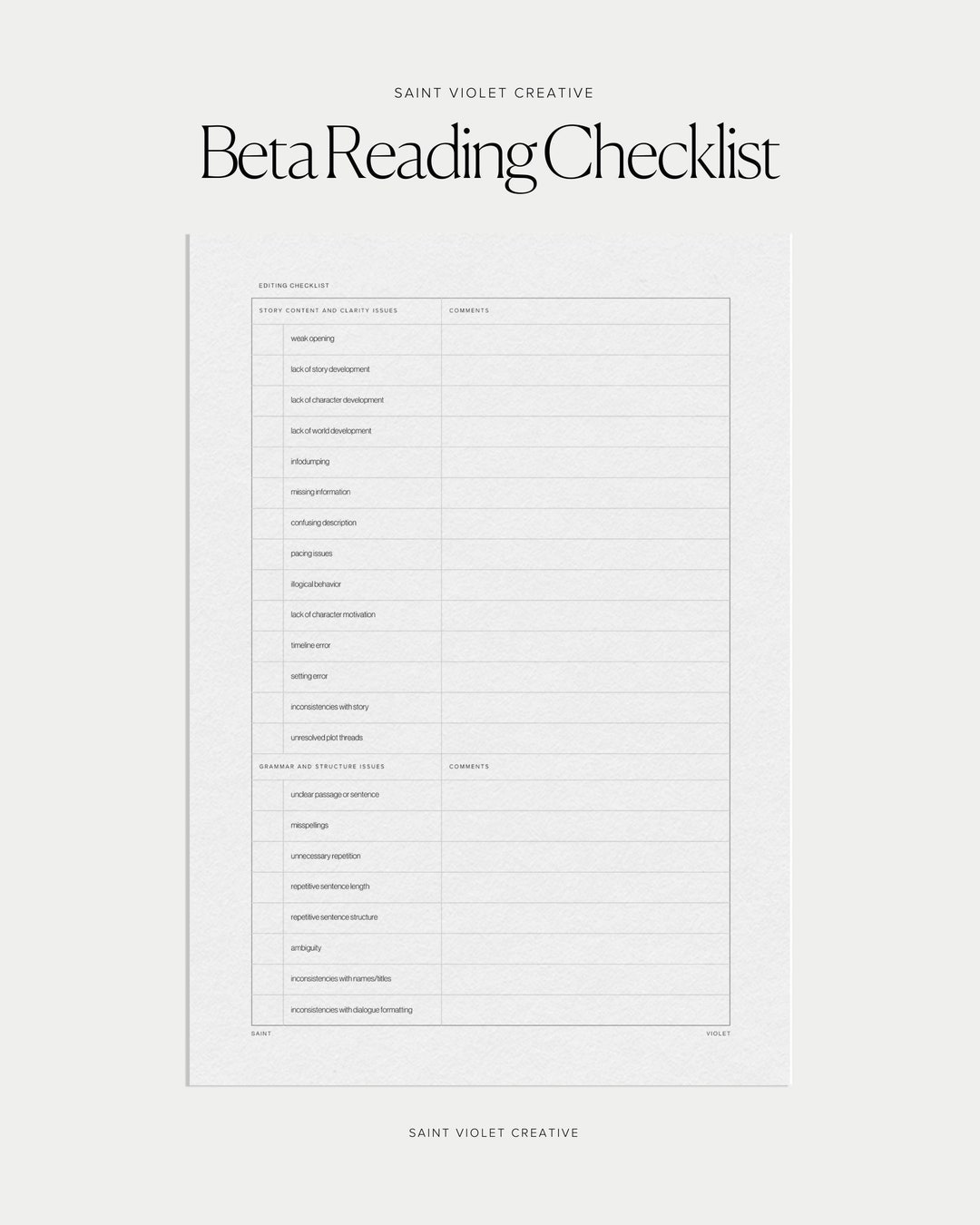 Beta Reading Checklist Planner Insert for Writers Editing Prompts ...