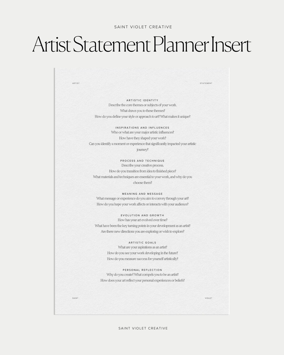 Artist Statement Planner Insert for Artists Creative Prompts Printable ...