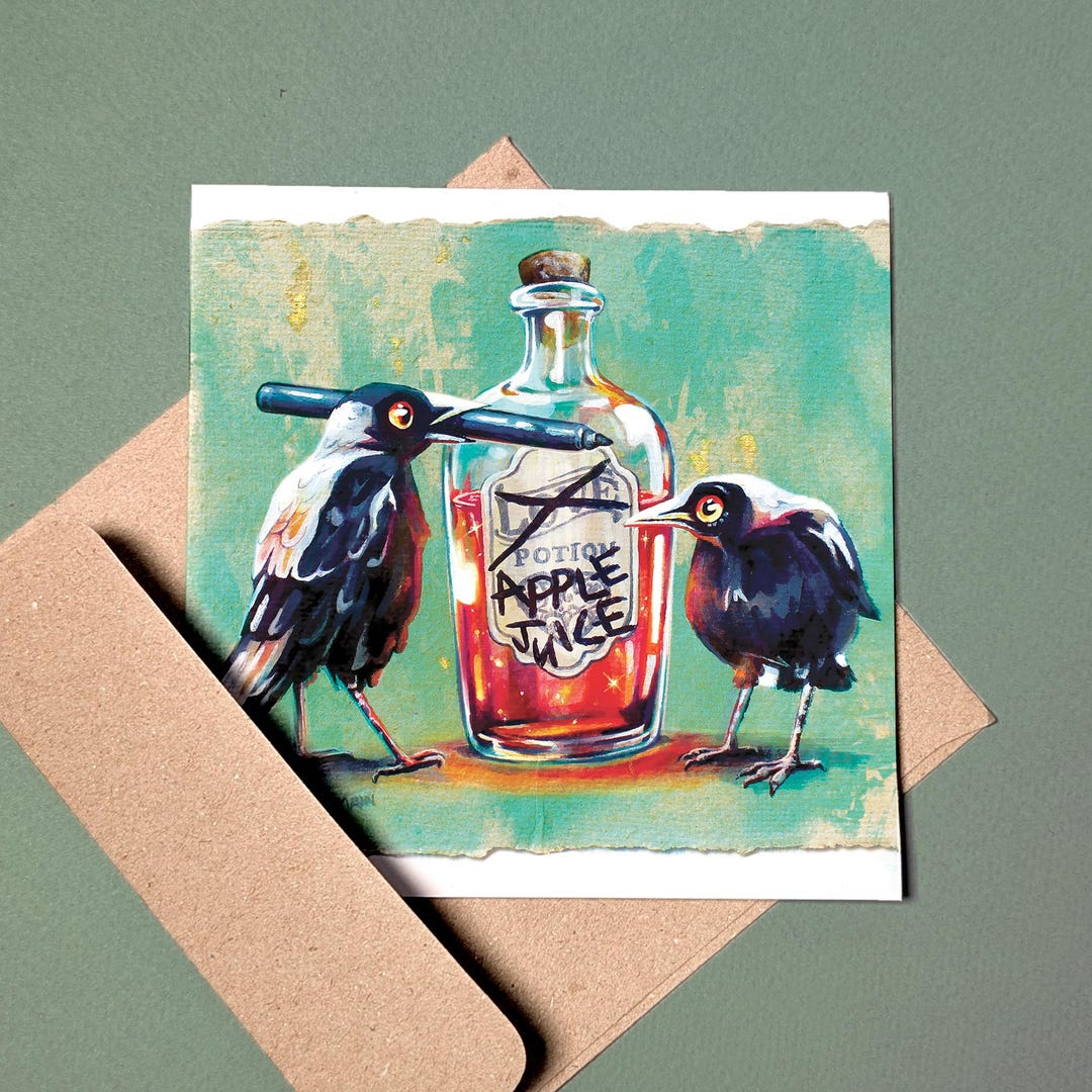 Apple Juice Potion Magpie Card – 12x12cm Bird Lover Greeting Card ...