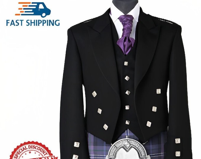 Scottish Men's Prince Charlie Jacket With 5 Button Vest Serge Wool ...