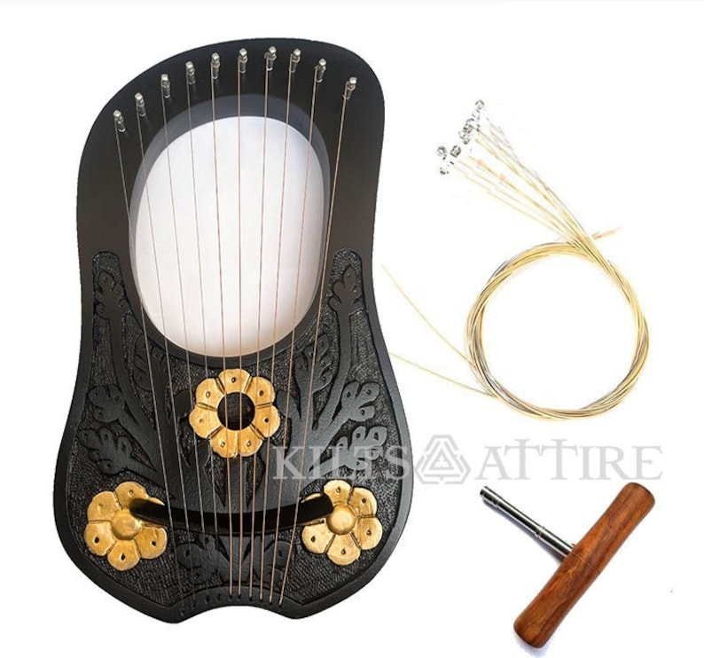 Wooden Black Lyre Harp Golden Flower Engraved Lyre Harp 10 Metal ...