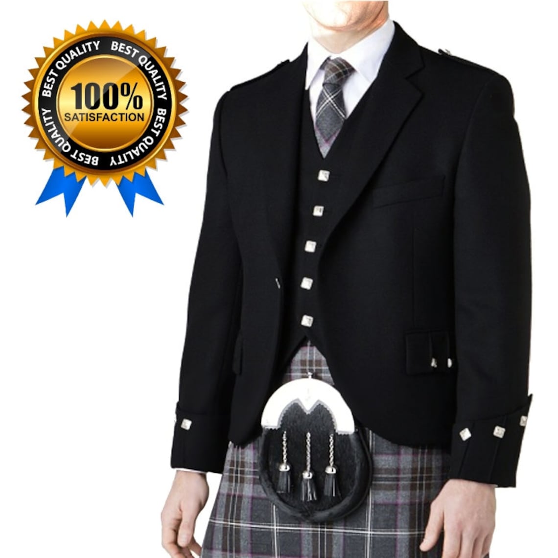 Scottish Men's Argyle Black Jacket With Waistcoat 100% Serge Wool ...