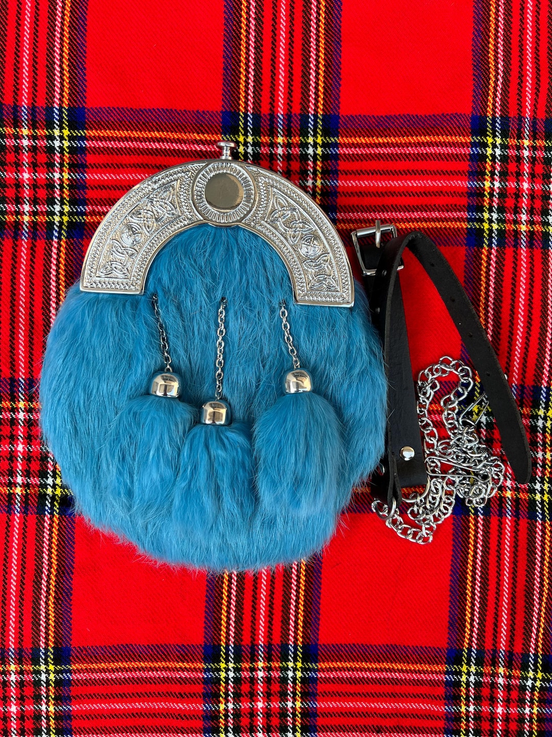 Men's Scottish Sky Blue Fur Sporran 100% Original Three Fur Tassels ...