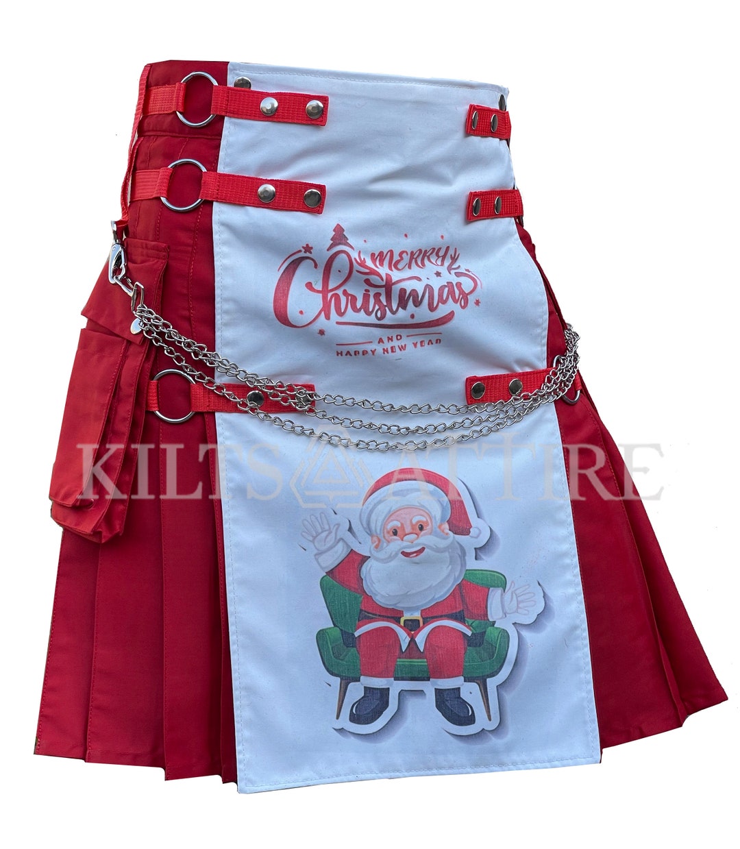 Men's Christmas Kilt Red With White Santa Claus Kilt Skirt Christmas ...