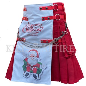Men's Christmas Kilt Red With White Santa Claus Kilt Skirt Christmas ...