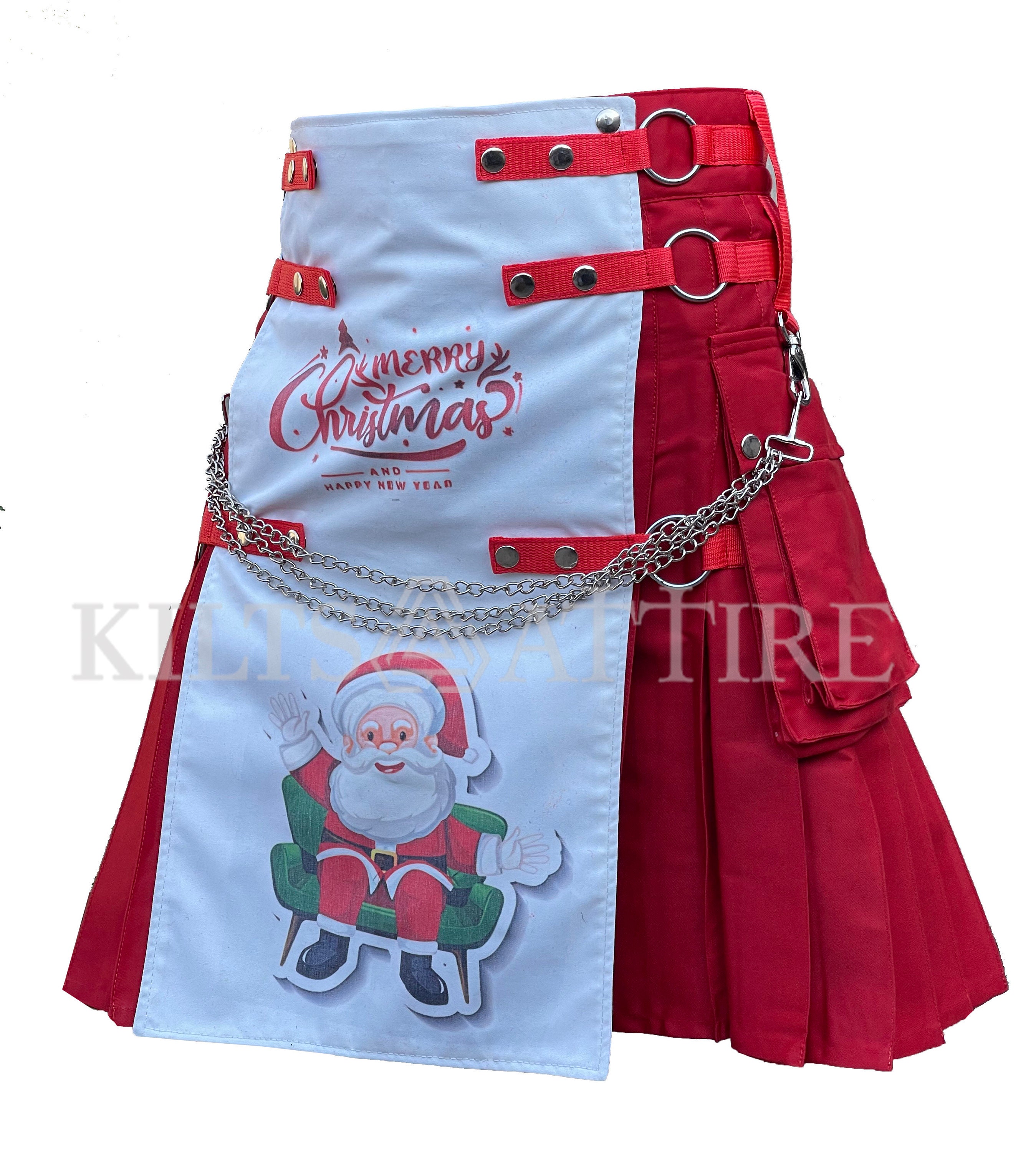 Men's Christmas Kilt Red With White Santa Claus Kilt Skirt Christmas ...
